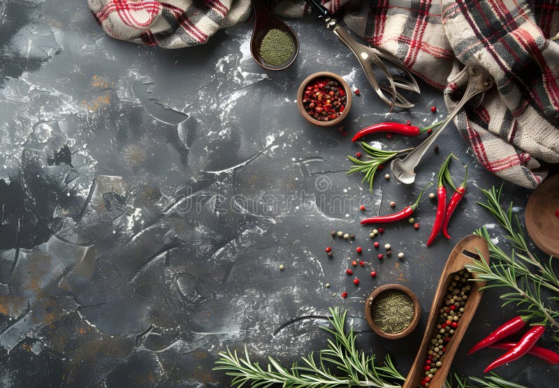 Rustic Kitchen Spices & Herbs on Dark Background Stock Illustration ...