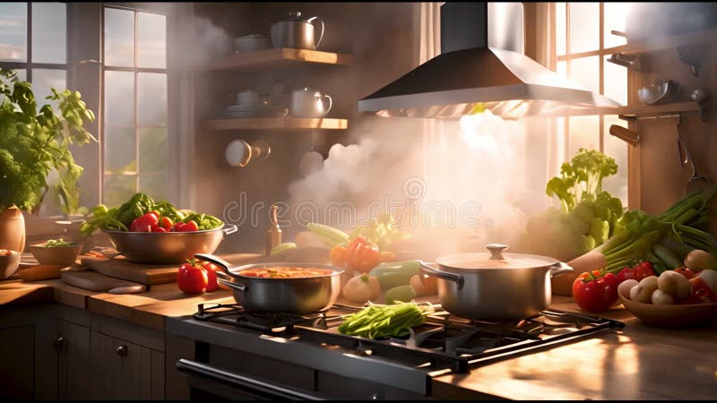 Rustic Kitchen, with Steam Rising from Pot and Herbs and Vegetables on ...