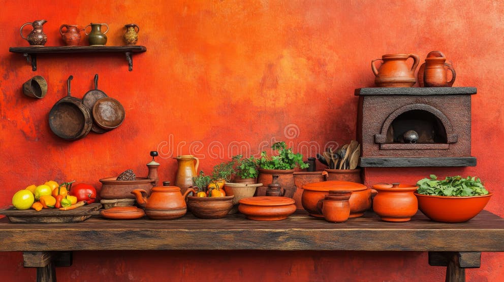 Rustic Kitchen Still Life with Clay Pottery and Herbs Stock ...