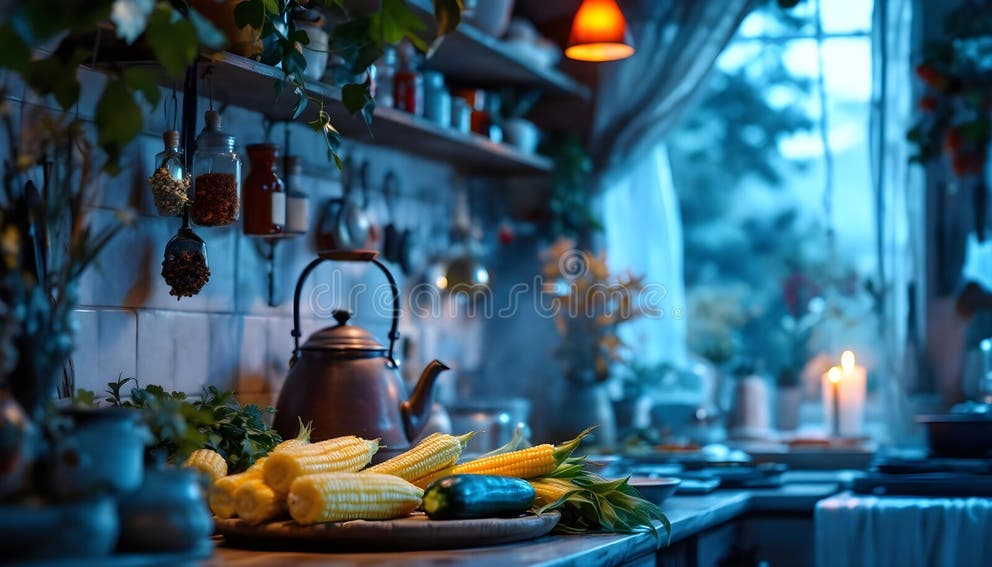 Rustic Kitchen Still Life: Copper Kettle, Corn, and Herbs in a Cozy ...