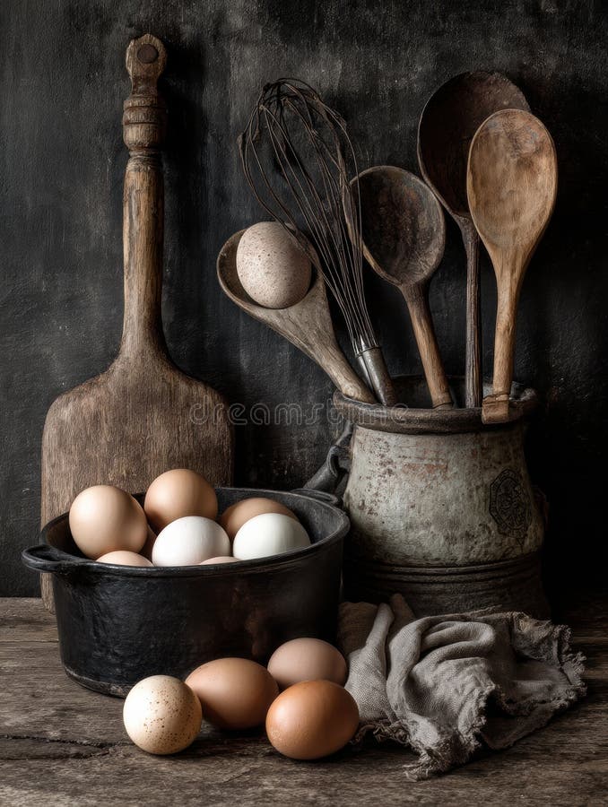 Rustic Kitchen Still Life Featuring Eggs and Traditional Wooden Kitchen ...