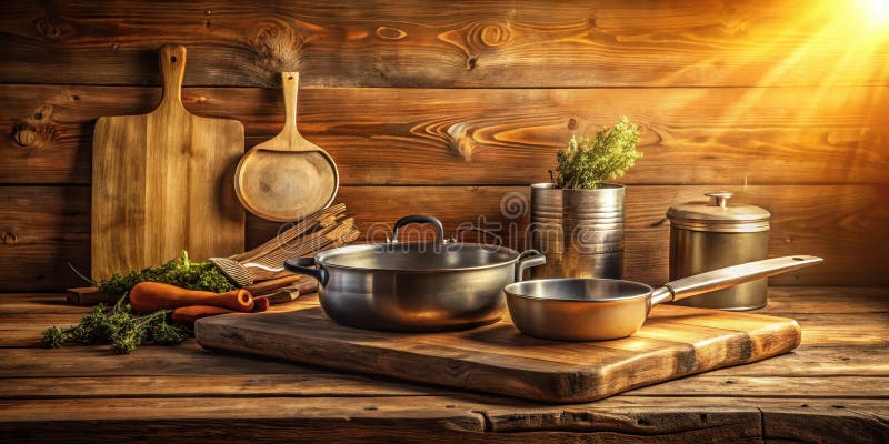 Rustic Kitchen Still Life Featuring Metal Cookware and Wooden Utensils ...