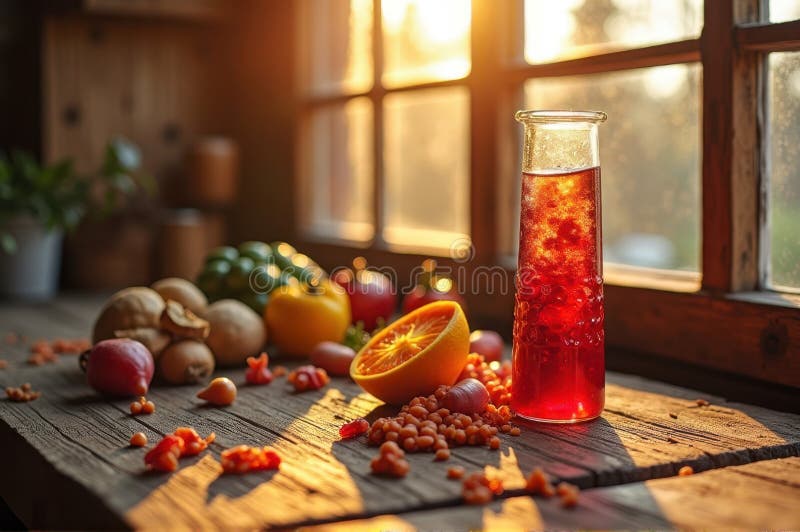 Rustic Kitchen Still Life with Fresh Vegetables, Fruits, and Red Juice ...