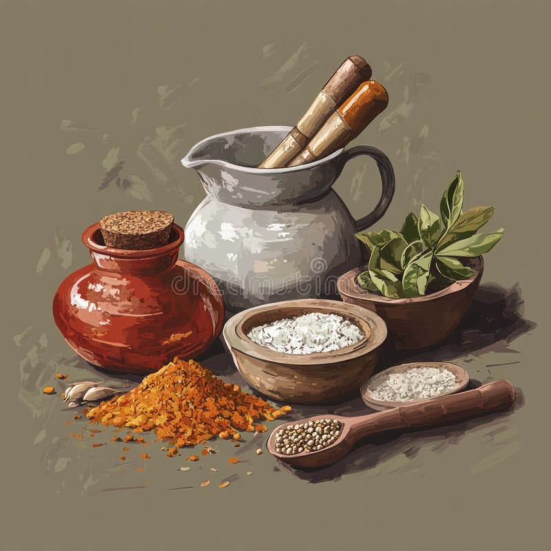 Rustic Kitchen Still Life with Herbs and Spices in Vintage Ceramic ...