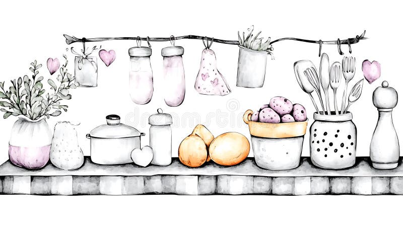 Rustic Kitchen Still Life Illustration with Herbs Spices and Produce ...