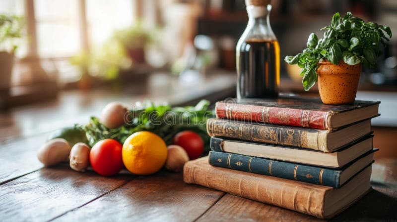Rustic Kitchen Still Life with Vintage Books and Fresh Vegetables Stock ...
