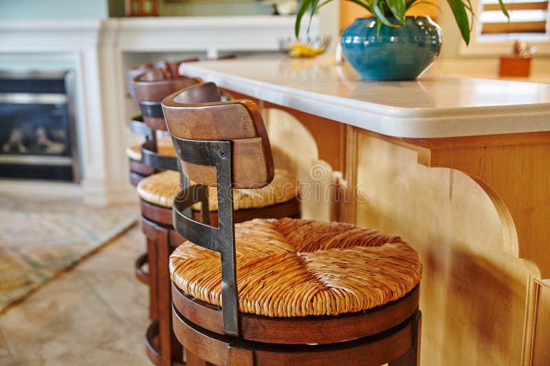 Rustic Kitchen Stools at Modern Island with Fireplace - Homely Interior ...