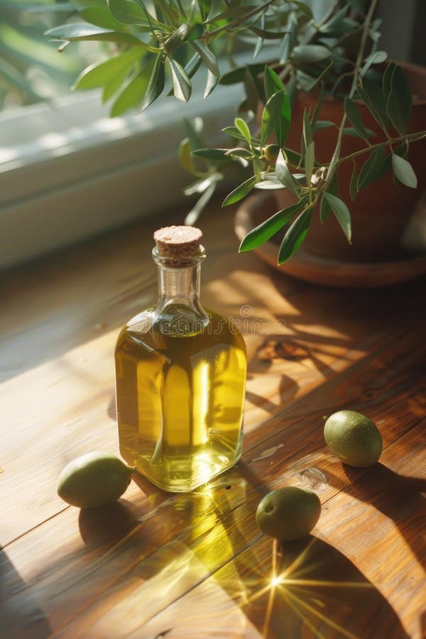 Rustic Kitchen with Sunlit Olive Oil Bottle and Fresh Olives Near ...
