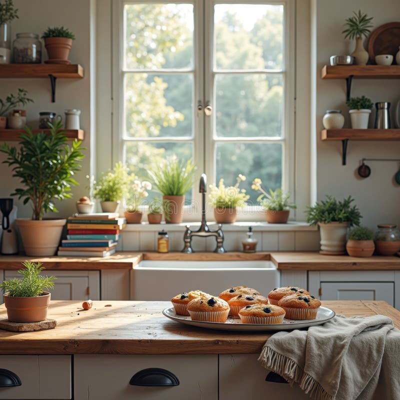 Rustic Kitchen with Sunlit Window and Fresh Blueberry Muffins on Wooden ...