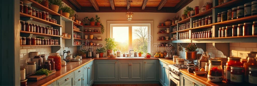 Rustic Kitchen at Sunset with Shelves of Preserved Goods and Fresh ...