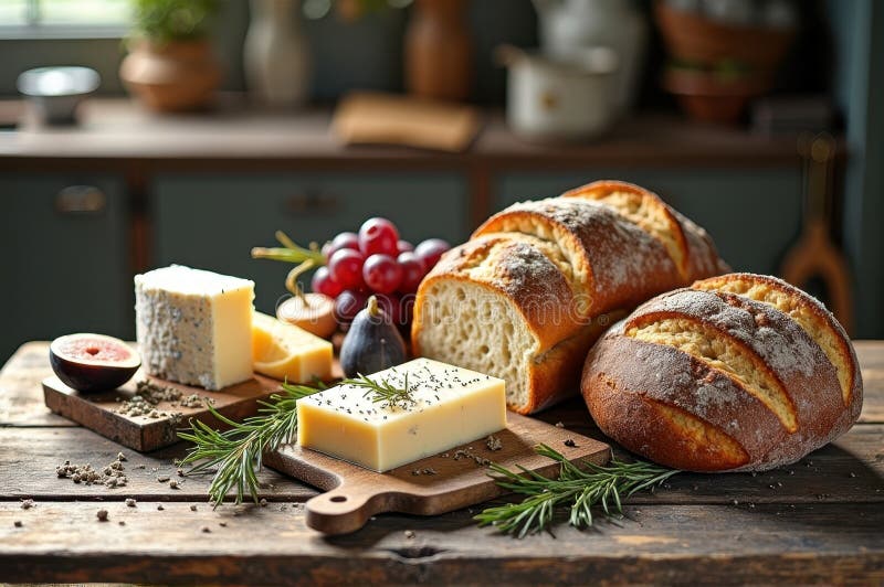Rustic Kitchen Table with Artisan Bread, Cheese, and Fresh Fruits Stock ...