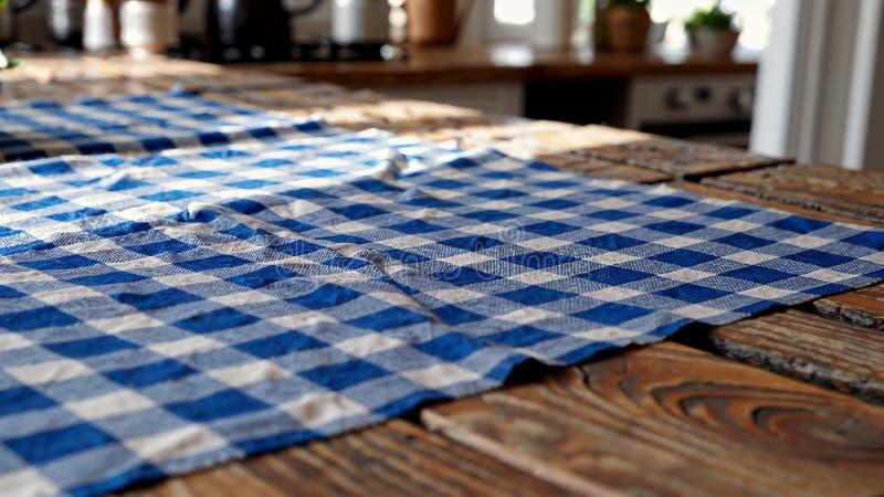 Rustic Kitchen Table with Blue Checkered Cloth, Cozy Home Atmosphere ...