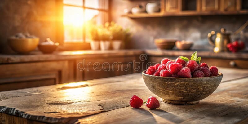 Rustic Kitchen Table with Bowl of Fresh Raspberries at Golden Hour ...
