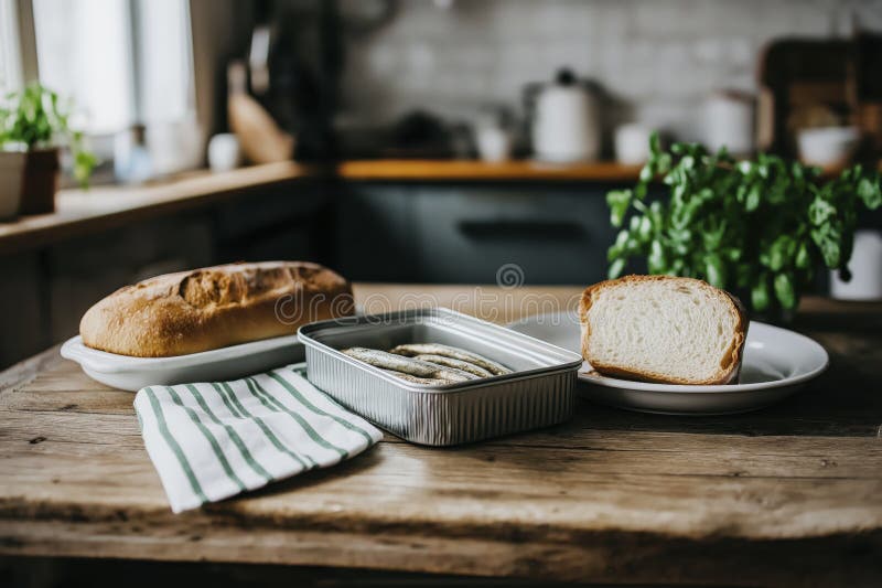 Rustic Kitchen Table with Bread and Fish Tin: Homestyle Comfort and ...