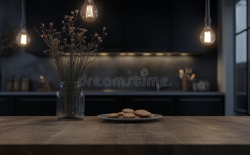 A Rustic Kitchen Table Decorated with Flowers and Snacks, Illuminated ...