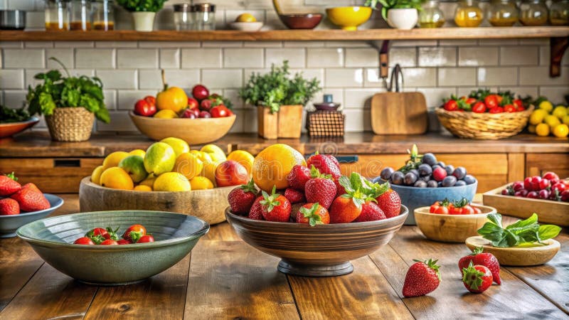 A Rustic Kitchen Table Displays an Assortment of Fresh Fruit in Various ...