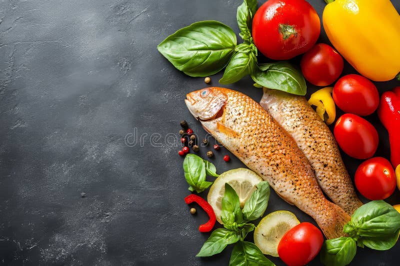 On a Rustic Kitchen Table, Fresh Fish is Arranged with Lemons, Tomatoes ...