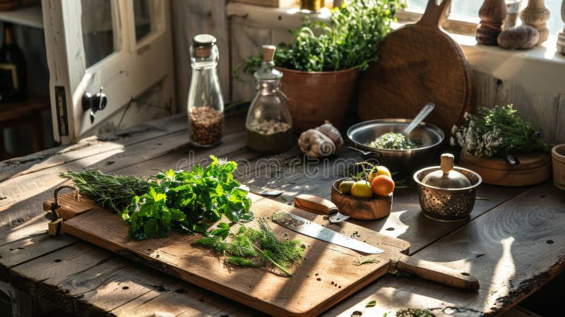 Rustic Kitchen Table with Fresh Herbs and Vegetables Stock Image - Image of cozy, home: 344403909