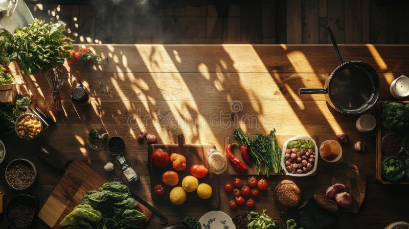 Rustic Kitchen Table with Fresh Ingredients and Sunlight Stock ...