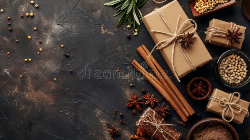Rustic Kitchen Table with Gift Boxes and Spices Stock Photo - Image of ...