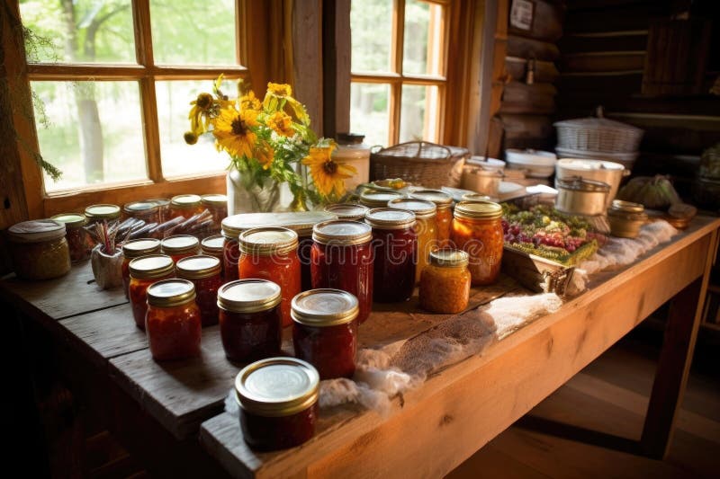 Rustic Kitchen Table with Homemade Jams Stock Image - Image of food ...