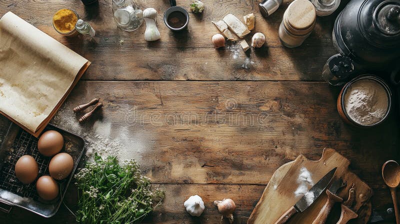 Rustic Kitchen Table with Ingredients and Cooking Tools Stock Image ...