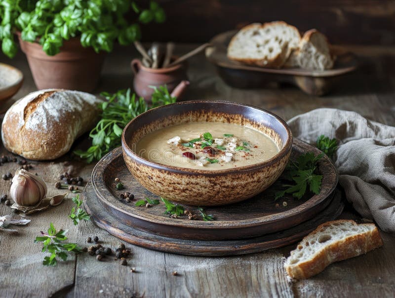 A Rustic Kitchen Table with Mocha Mousse Color Ceramic Plates, Fresh ...