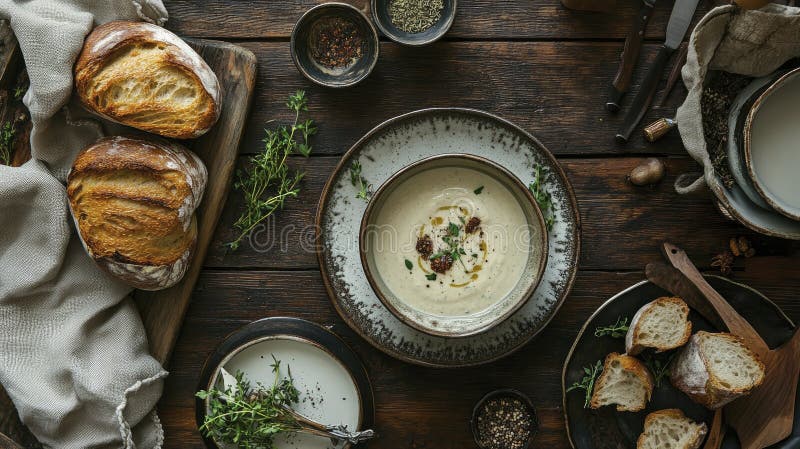 A Rustic Kitchen Table with Mocha Mousse Color Ceramic Plates, Fresh ...