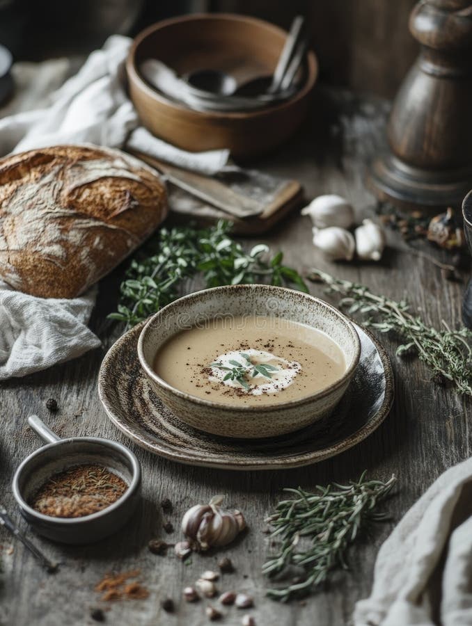 A Rustic Kitchen Table with Mocha Mousse Color Ceramic Plates, Fresh ...