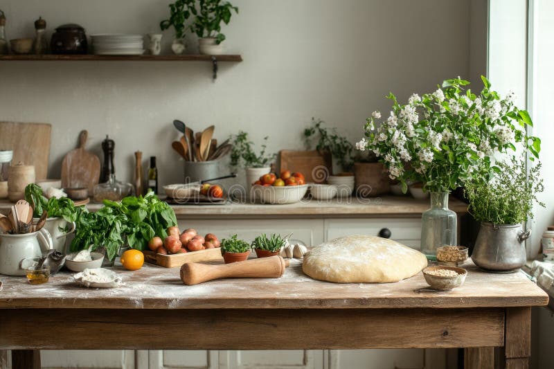 Rustic Kitchen Table Prepared for Baking with Fresh Ingredients and ...