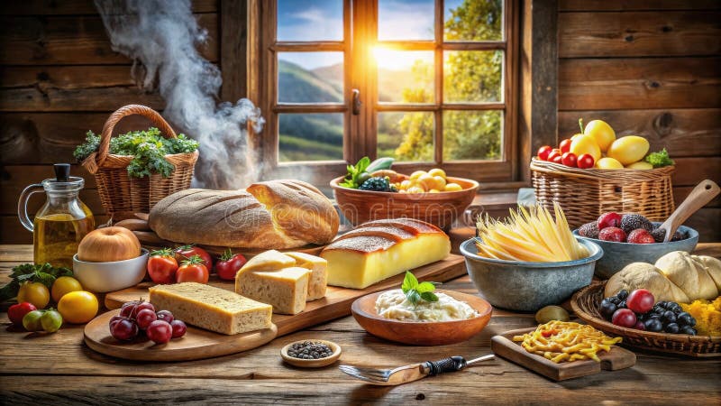 Rustic Kitchen Table Scene Featuring Freshly Baked Bread, Assorted ...