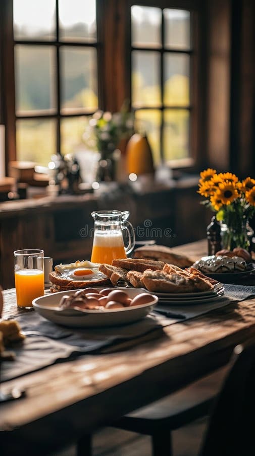 A Rustic Kitchen Table Set for Breakfast with Eggs, Toast, and Fresh ...
