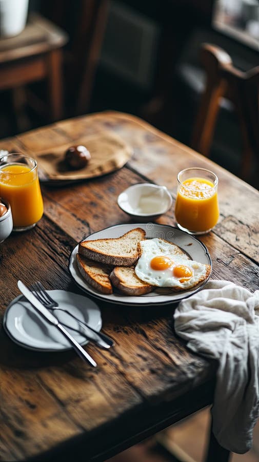 A Rustic Kitchen Table Set for Breakfast with Eggs, Toast, and Fresh ...