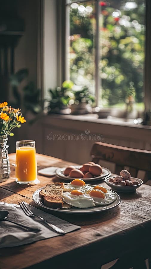 A Rustic Kitchen Table Set for Breakfast with Eggs, Toast, and Fresh ...
