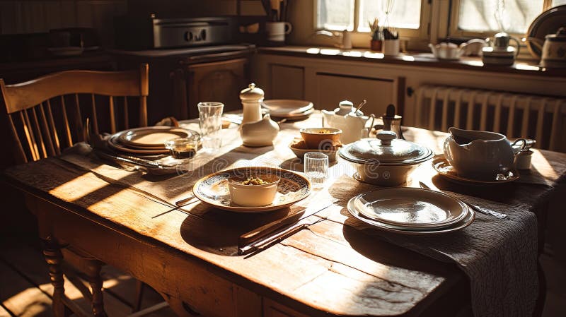 A Rustic Kitchen Table Set for a Meal, with Soft Golden Hour Light from ...