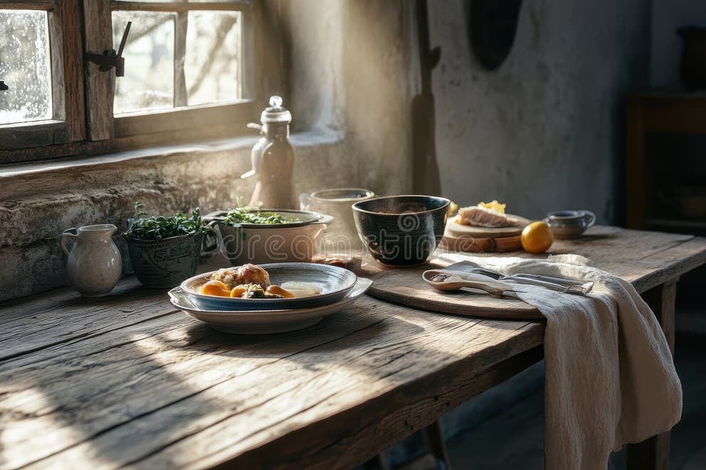 A Rustic Kitchen Table Set with Various Dishes and Ingredients ...