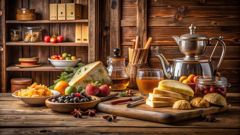 Rustic Kitchen Table Setting with Aromatic Tea, Assorted Cheeses, and ...