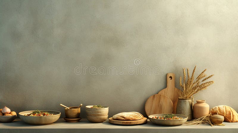Rustic Kitchen Table Setting with Bread and Wheat Stock Illustration ...