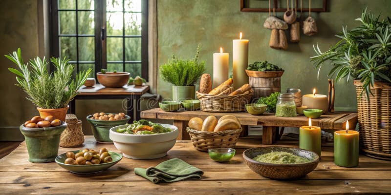 Rustic Kitchen Table Setting with Earthy Tones and Culinary Delights ...
