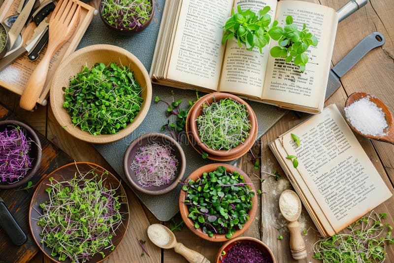 A Rustic Kitchen Table Setting Featuring a Variety of Microgreens ...