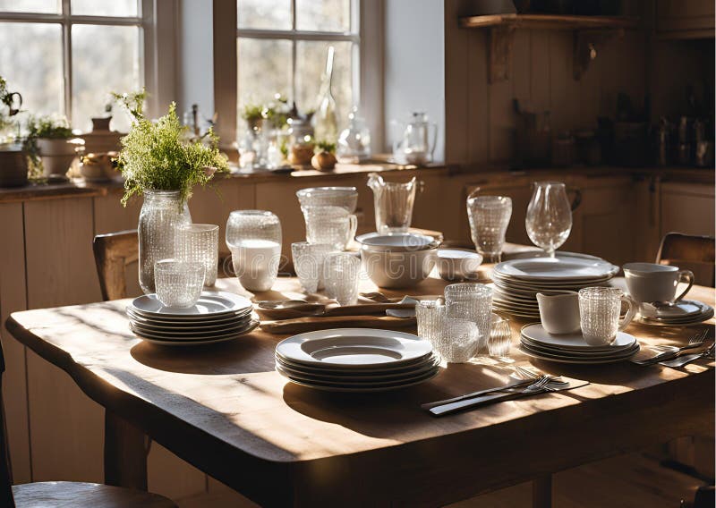 Rustic Kitchen Table Setting with White Dinnerware and Textured ...