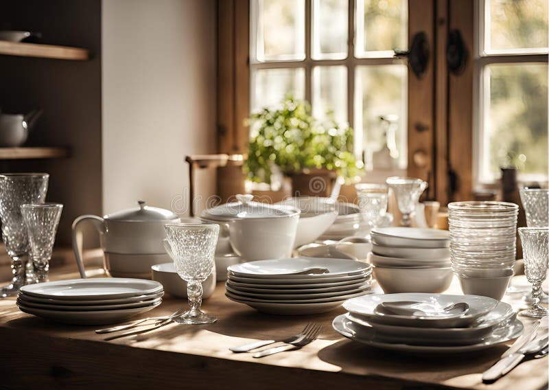 Rustic Kitchen Table Setting with White Porcelain Dinnerware and ...