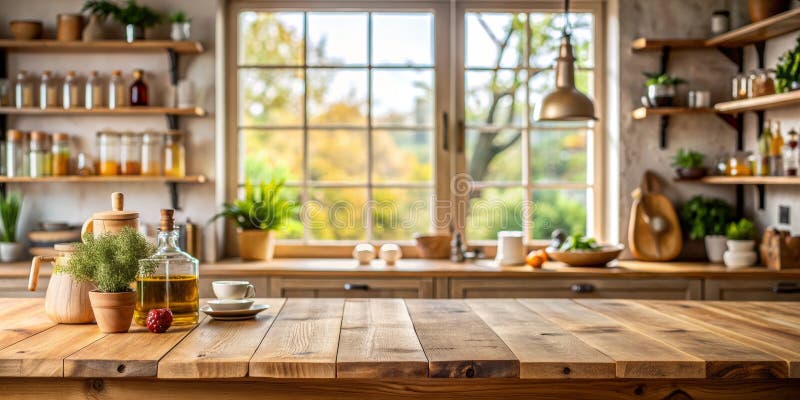 Rustic Kitchen Tabletop with Window View, Wooden Table, Rustic Kitchen ...
