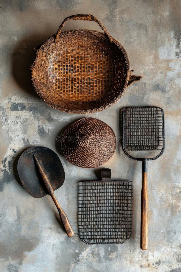 Rustic Kitchen Tools are Displayed on Cement Background with a Textured ...