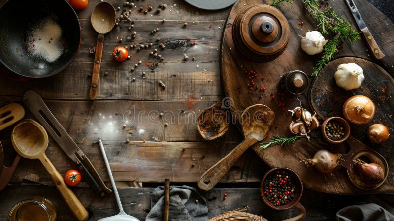 Rustic Kitchen Tools and Ingredients on Wooden Table Stock Image ...