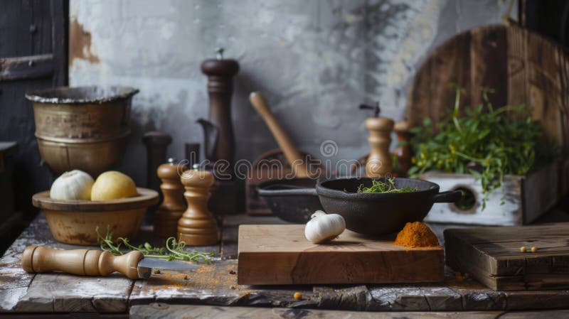 Rustic Kitchen with Traditional Cooking Utensils Stock Image - Image of ...