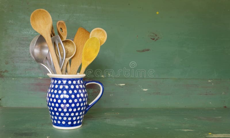 Rustic Kitchen Utensils in an Old Jug. Stock Image - Image of ladle ...