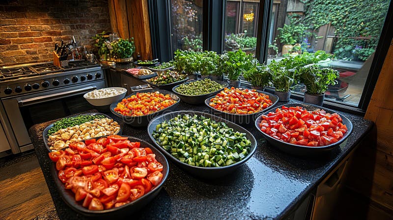 Rustic Kitchen, Vibrant Chopped Vegetables, Garden View, Cooking Prep ...