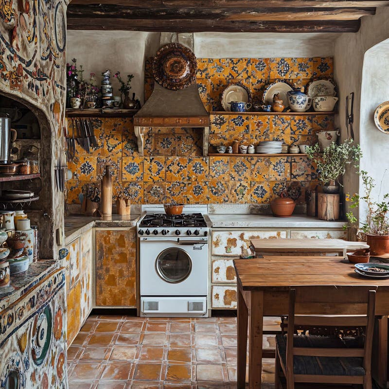 Rustic Kitchen with Vibrant Mustard Yellow and Blue Patterned Tiles ...