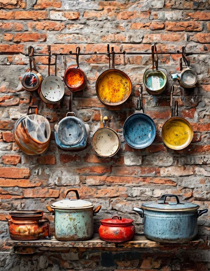 Rustic Kitchen with Vintage Pots and Pans on Brick Wall Stock Photo ...